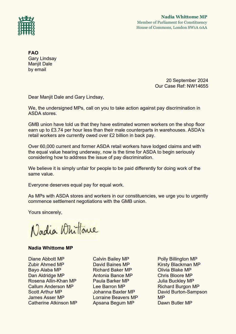 Over 150 MPs sign letter for Asda to 'urgently' end equal pay dispute